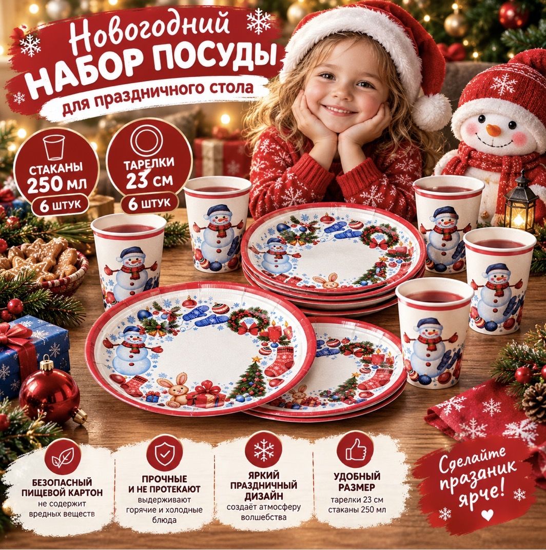 Набор одноразовой посуды С Новым Годом! Снеговик 12 шт 6 тарелок 6 стаканов