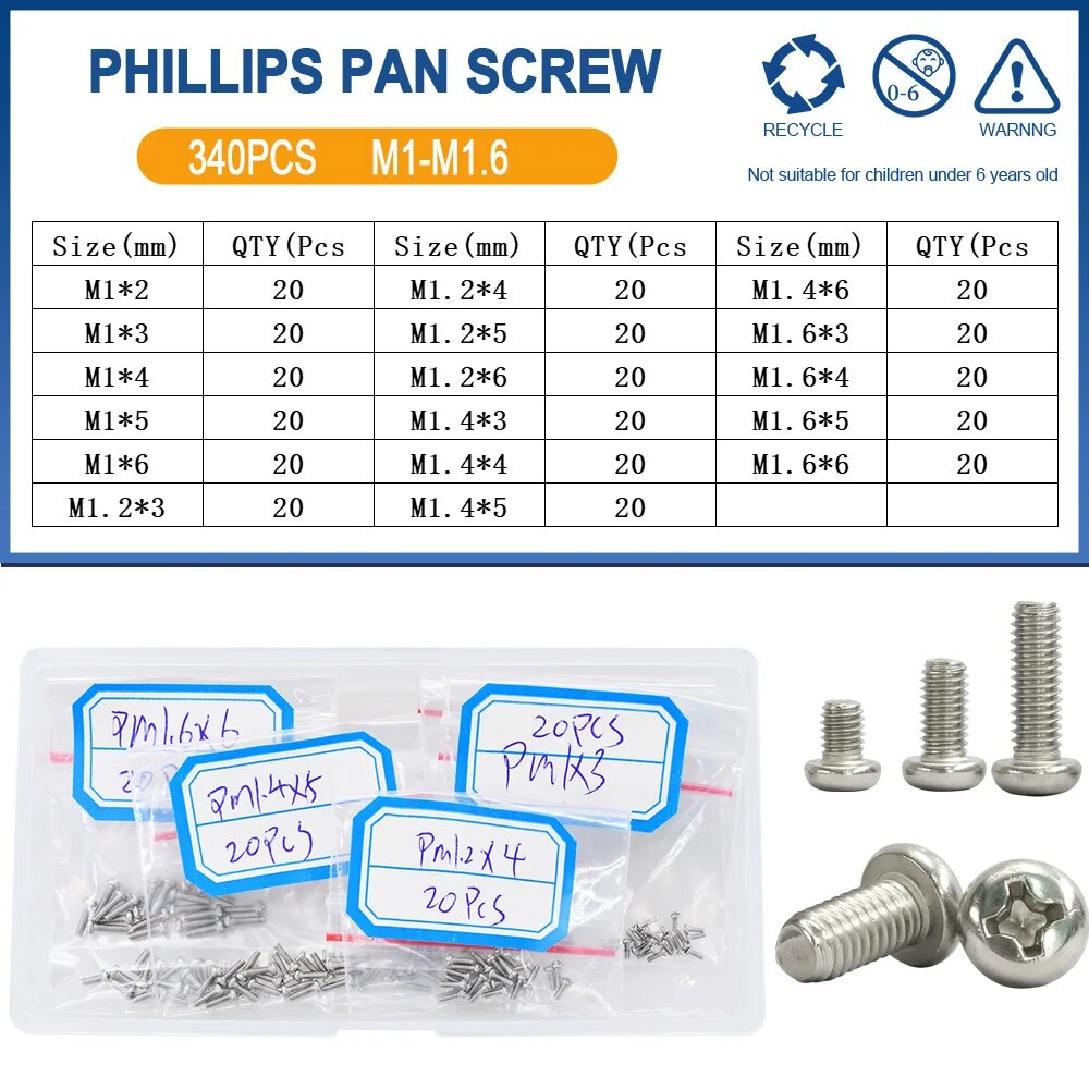 Винты YUEYUN QING M1 M1.2 M1.4 M1.6 M2 Phillips нержавеющая сталь M1-M1.6 (340PCS)