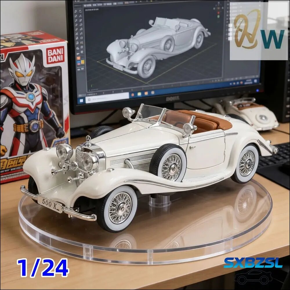 Масштабная модель Mercedes-Benz 500, игрушечная машинка 1/24, белый цвет, металл, со звуковыми эффектами