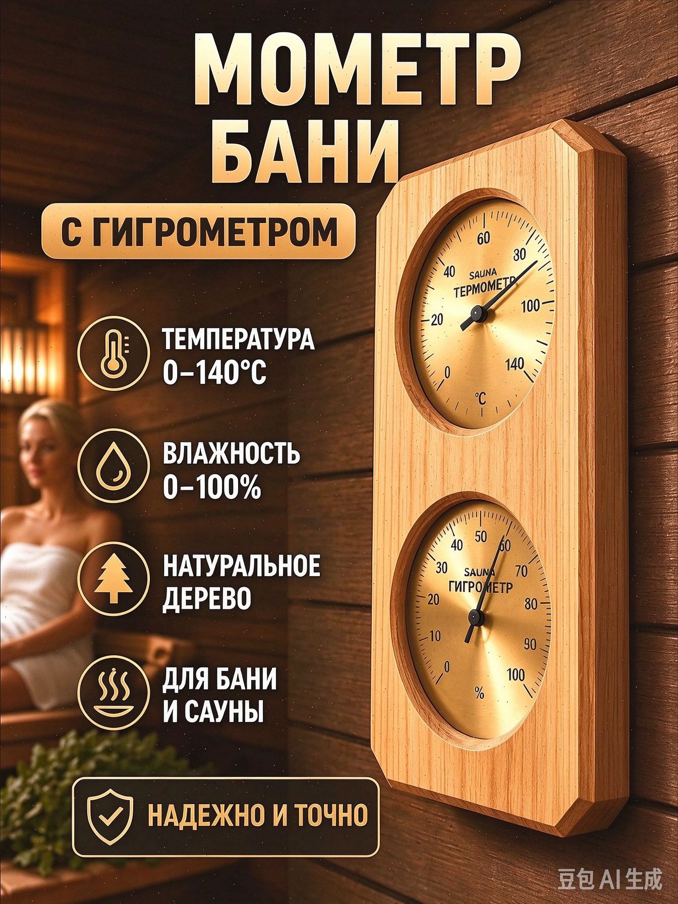Термометр для бани с гигрометром, деревянный термометр в баню и сауну для контроля температуры и влажности