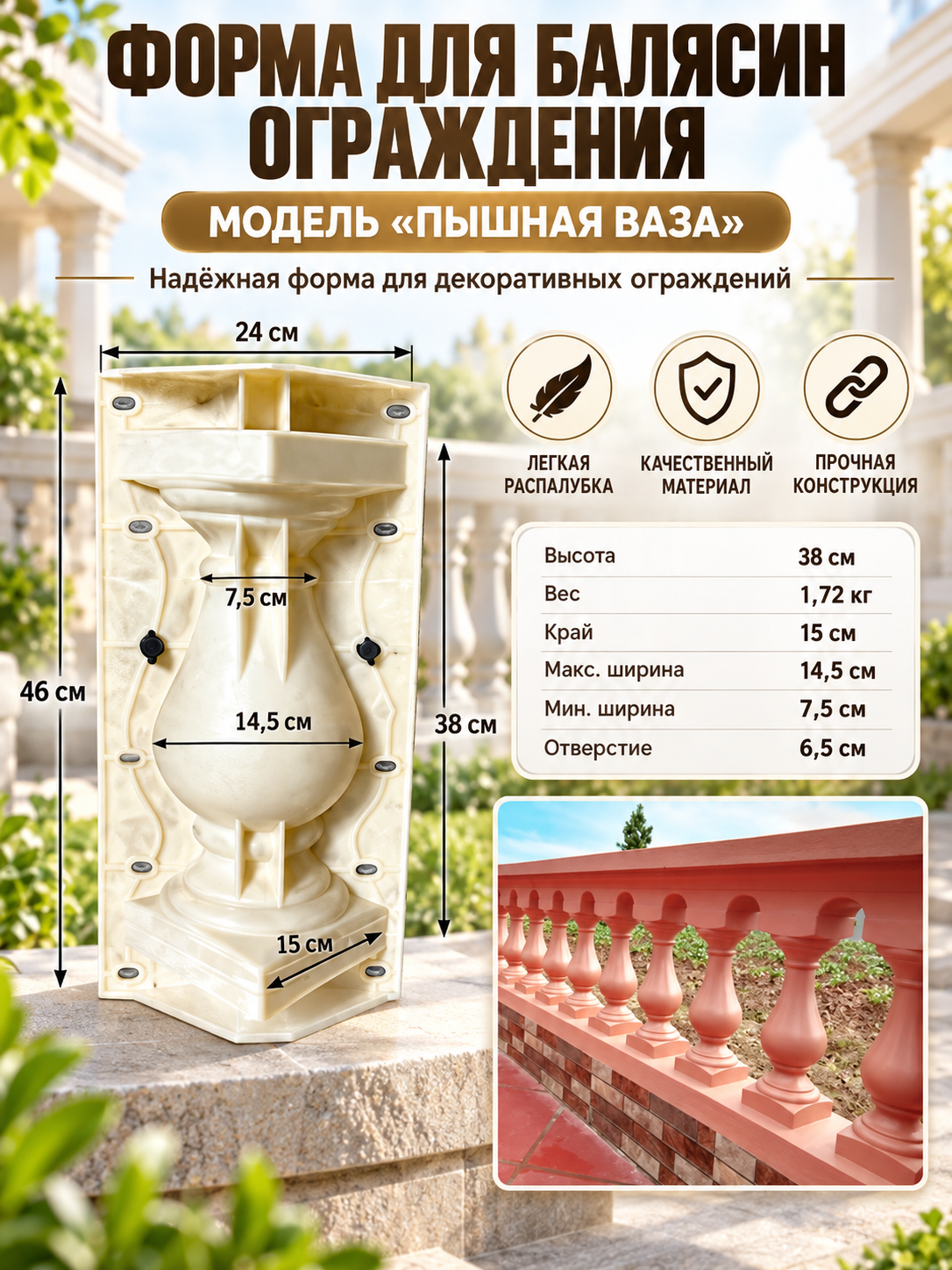 Формы для балясин многоразовые разборные, для заливки бетона при частном строительстве садовых и фасадных ограждений