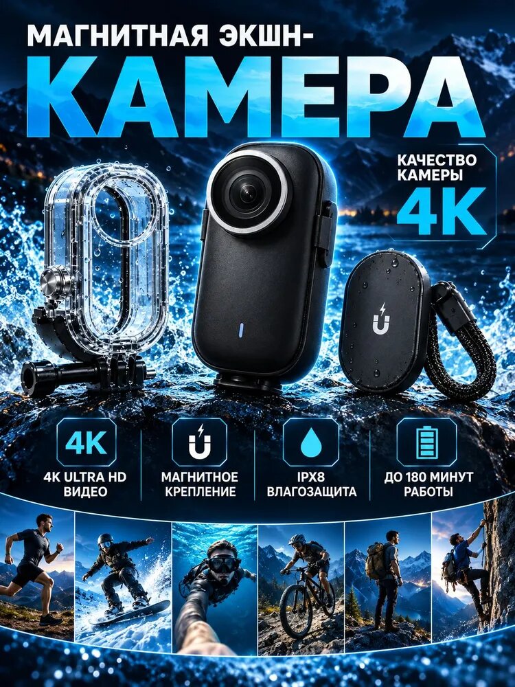 Экшн камера 4К UHD, Водонепроницаемая магнитная черная