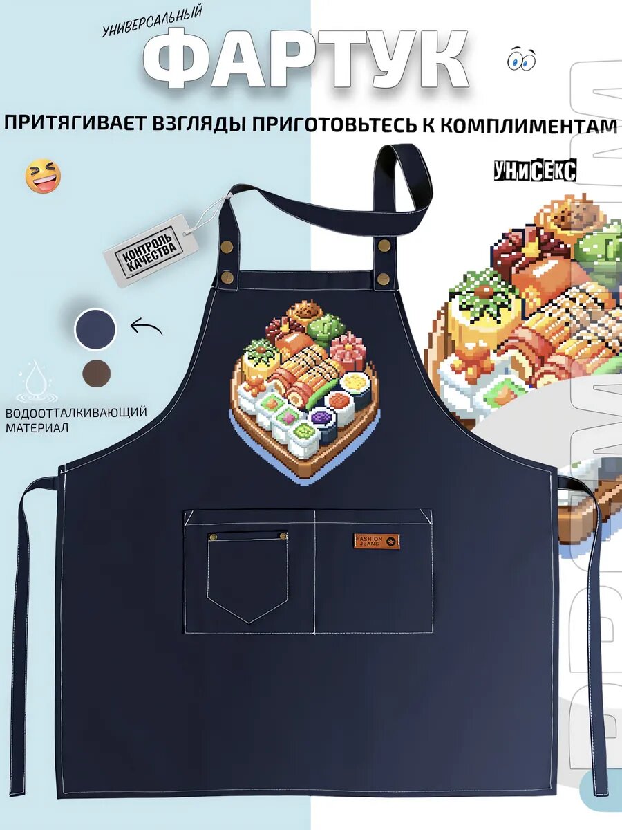 Фартук Суши Sushi Пиксель Арт Еда Японская кухня кухонный с принтом универсальный