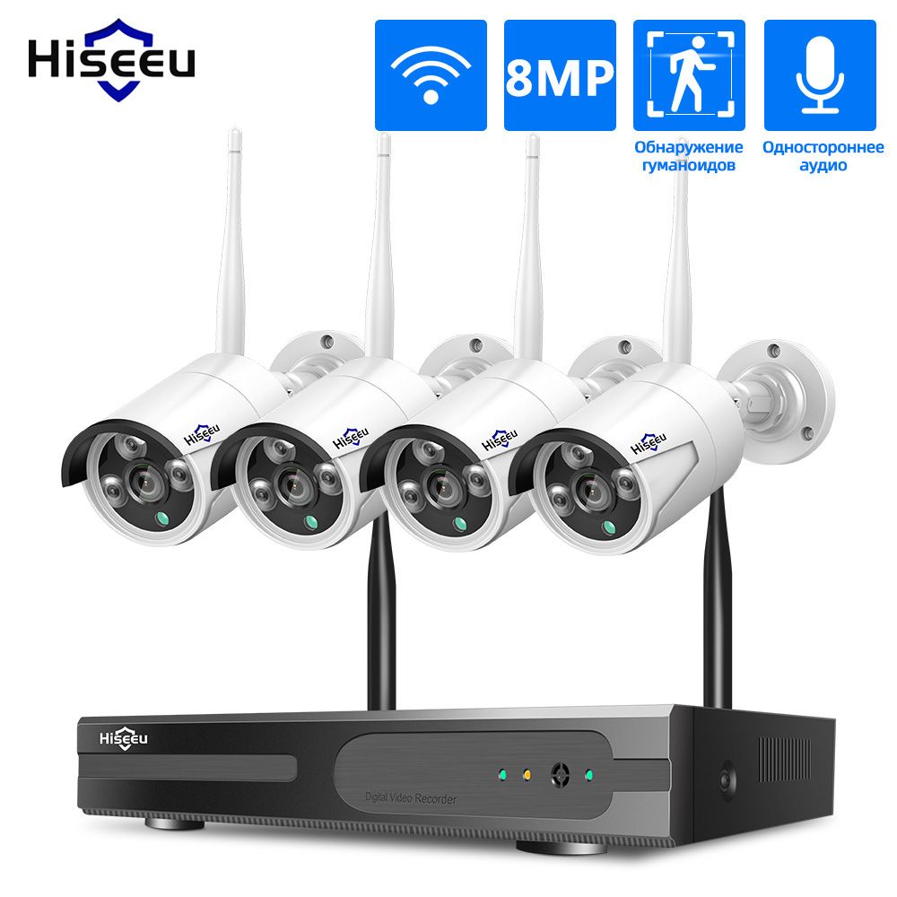 Hiseeu Wi-Fi Комплект камеры видеонаблюдения,10CH NVR Набор,8MP 4 IP камеры без жесткого диска, ночного видения, Одностороннее аудио, P2P