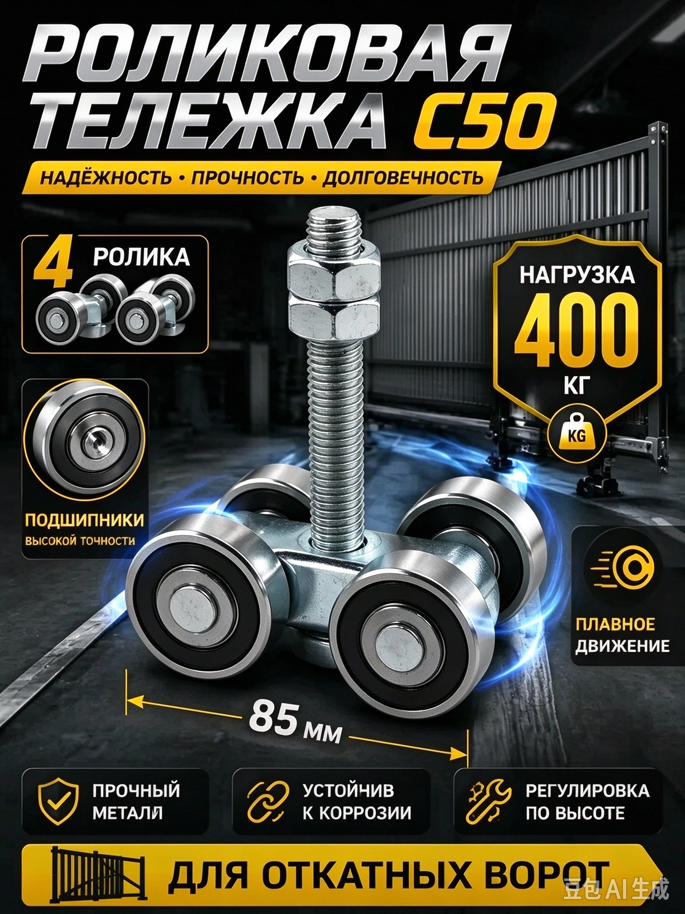Каретка для откатных ворот C50, 4 ролика, нагрузка 400 кг, роликовая тележка для плавного хода ворот