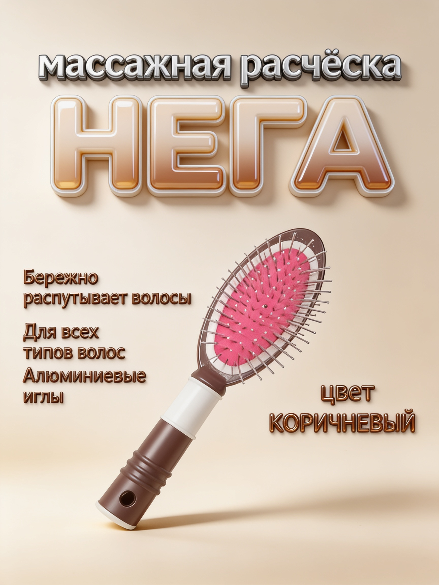 Расческа массажная для волос "нега" прочный пластик, коричневый цвет, алюминиевые зубчики