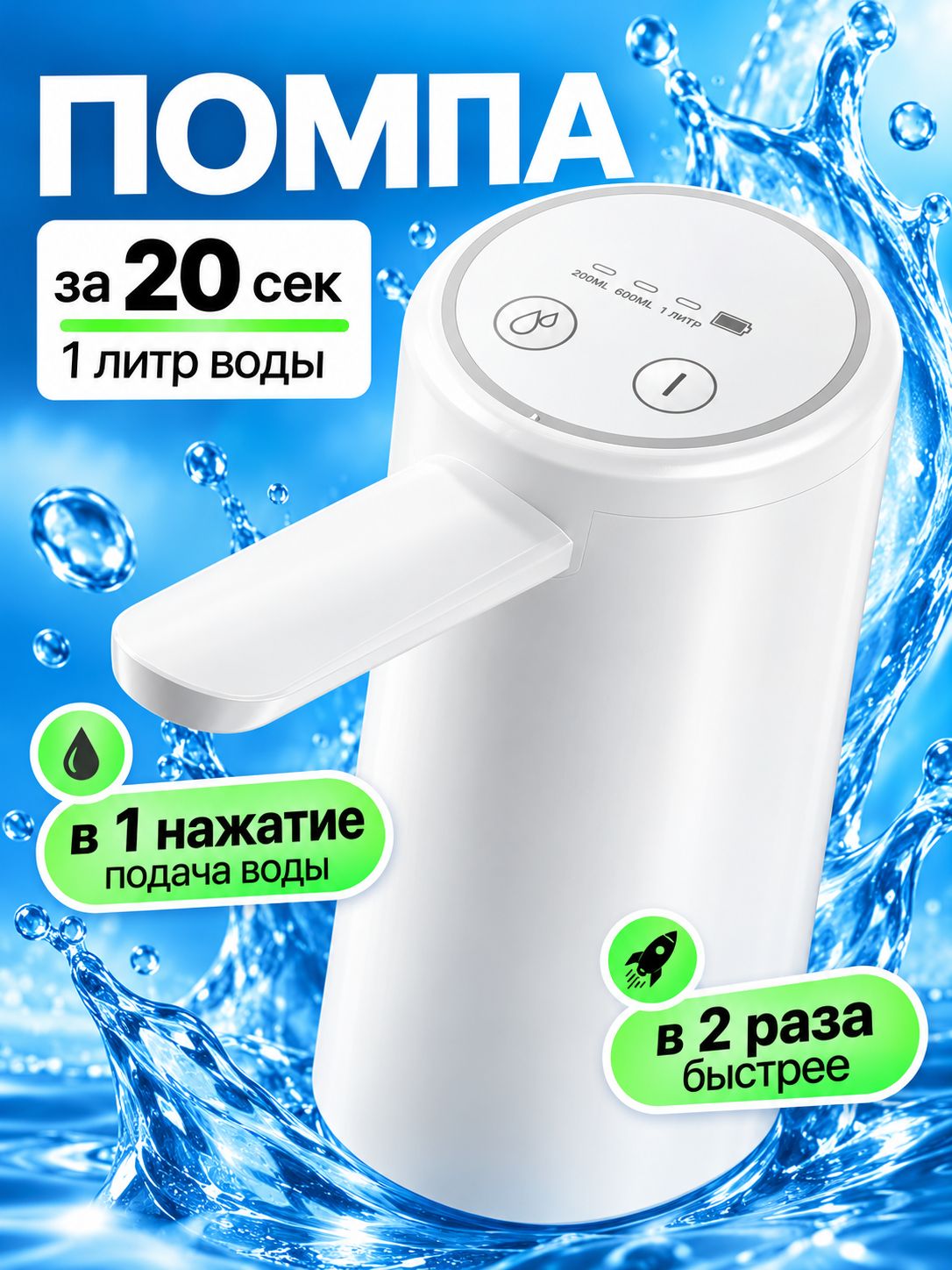 Помпа электрическая для воды 19л с двойным насосом W2, белая