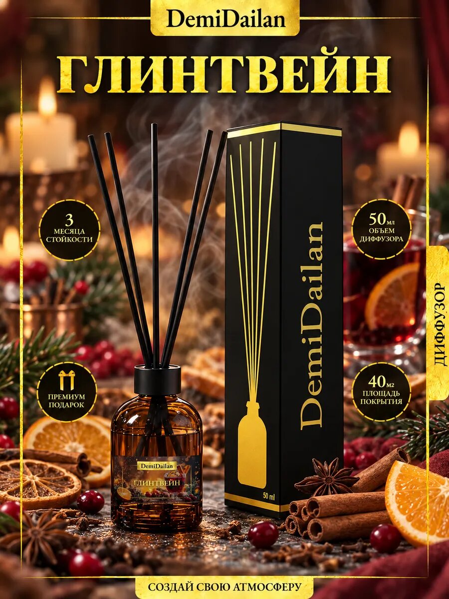 Ароматический диффузор DemiDailan глинтвейн с палочками, для дома и ванной, 50 мл