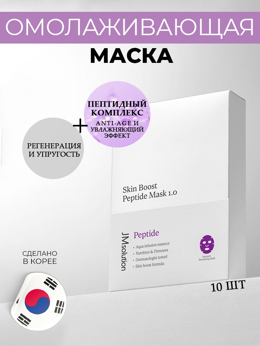 Омолаживающая тканевая маска с комплексом пептидов JMSOLUTION SKIN BOOST PEPTIDE MASK 1.0, 10 шт