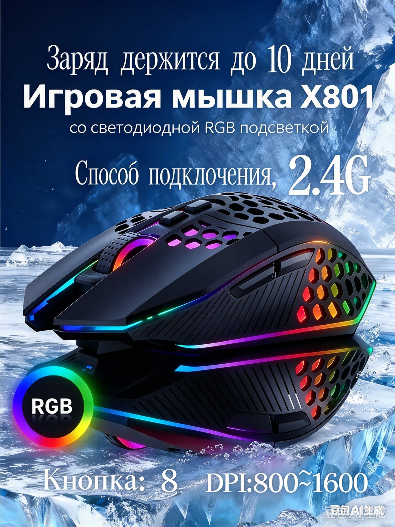 Игровая мышь беспроводная Беспроводная игровая мышь с RGB-подсветкой, 8 кнопками и бесшумными клавишами. Эргономичный дизайн с перфорацией. Регулируемое разрешение до 1600 DPI. Работает до 10 дней без подзарядки, черный матовый