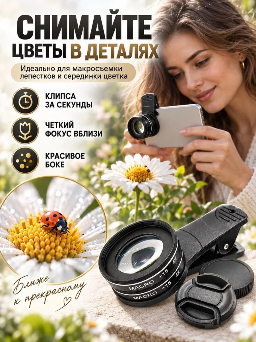 Макролинза для телефона 30X, объектив для макросъёмки на клипсе, чёрный
