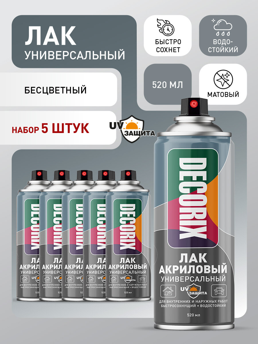 Лак с защитой от УФ аэрозольный бесцветный DECORIX матовый - лак универсальный защитный от ультрафиолета в баллончике 520 мл - комплект 5 шт
