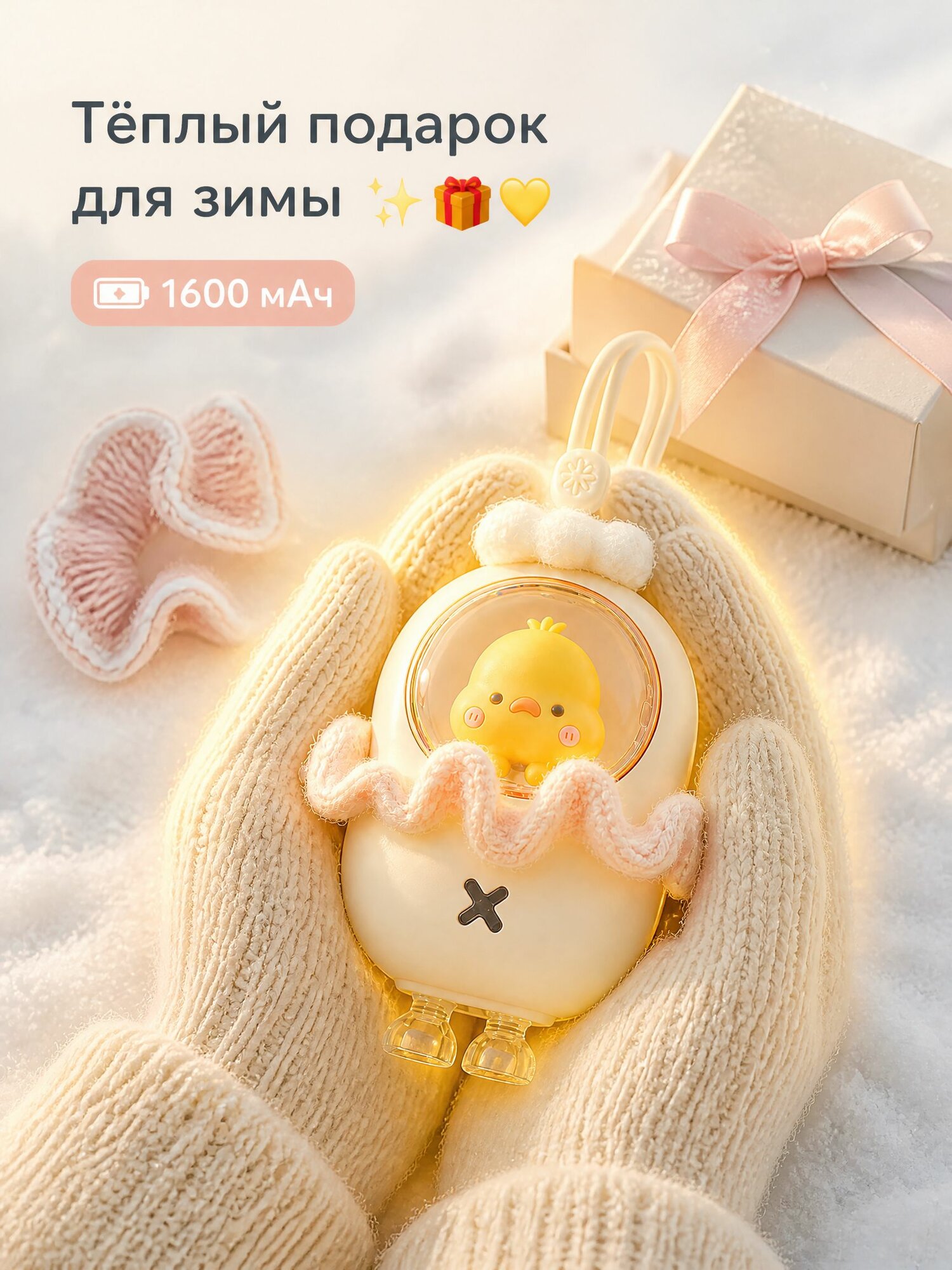 Грелка-игрушка в виде яйца с цыпленком, белая, с тканевым покрытием, 2 режима нагрева, 1200 мА ч