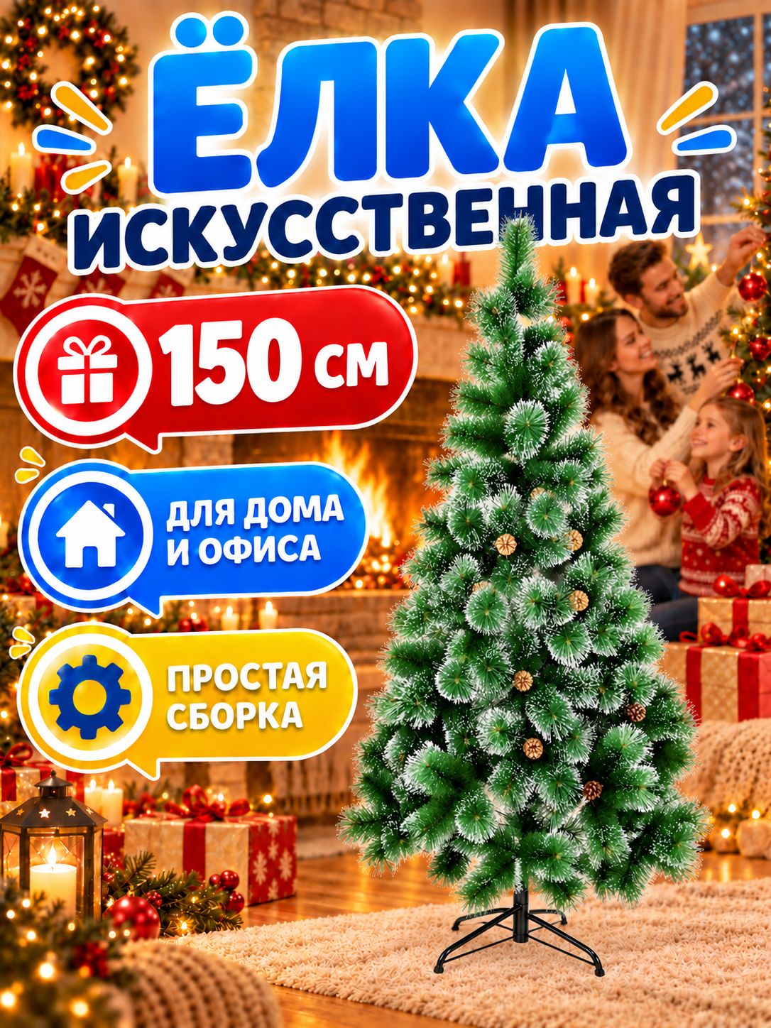 Ель искусственная сосна новогодняя с живыми шишками 150 см