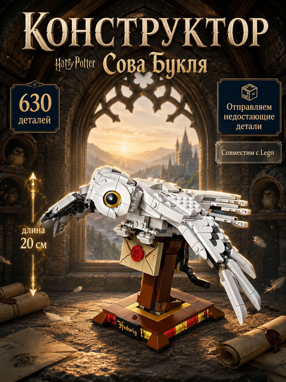 Конструктор Гарри Поттер сова Букля 630 деталей / 3D Фигурка на подставке с подвижными элементами / Пластиковый конструктор символы Хогвартс для детей и взрослых, возраст 8+
