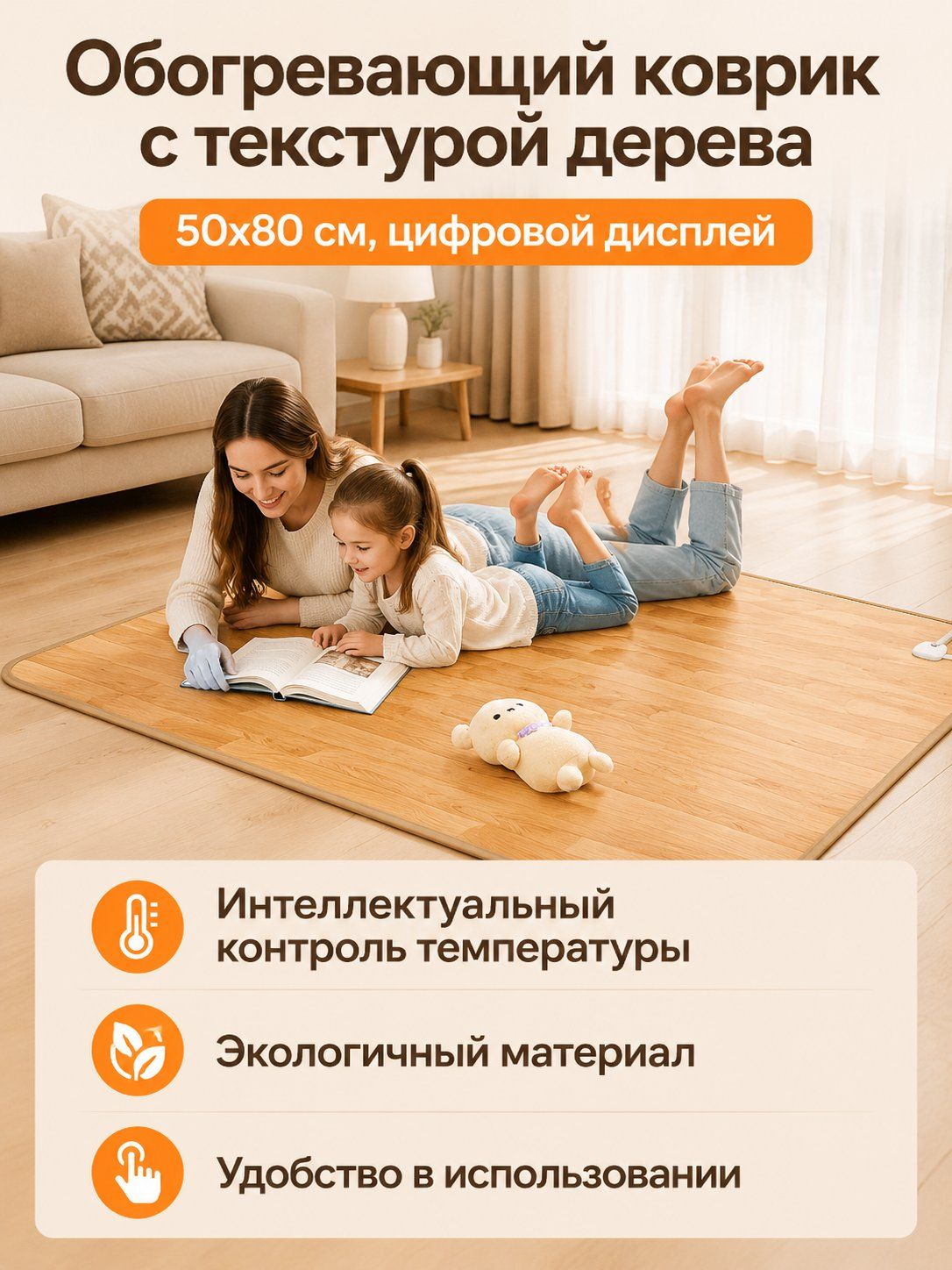 Греющий коврик с деревянной текстурой 50 80 см, многоуровневый с цифровым дисплеем