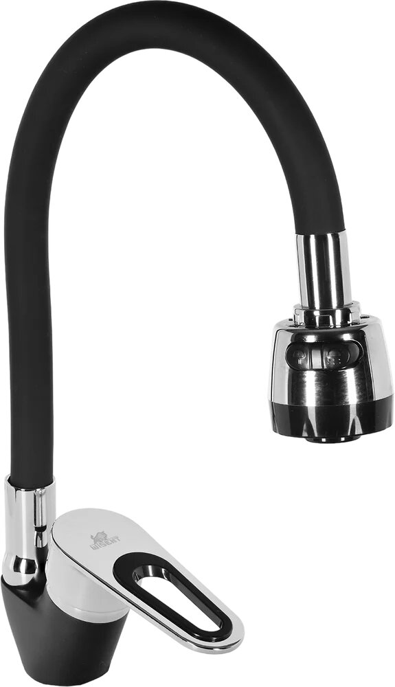 Смеситель для кухни Wisent WP53028F с гибким изливом, с поворотным изливом, черный, матовый, глянцевый, однорычажный, с керамическим картриджем
