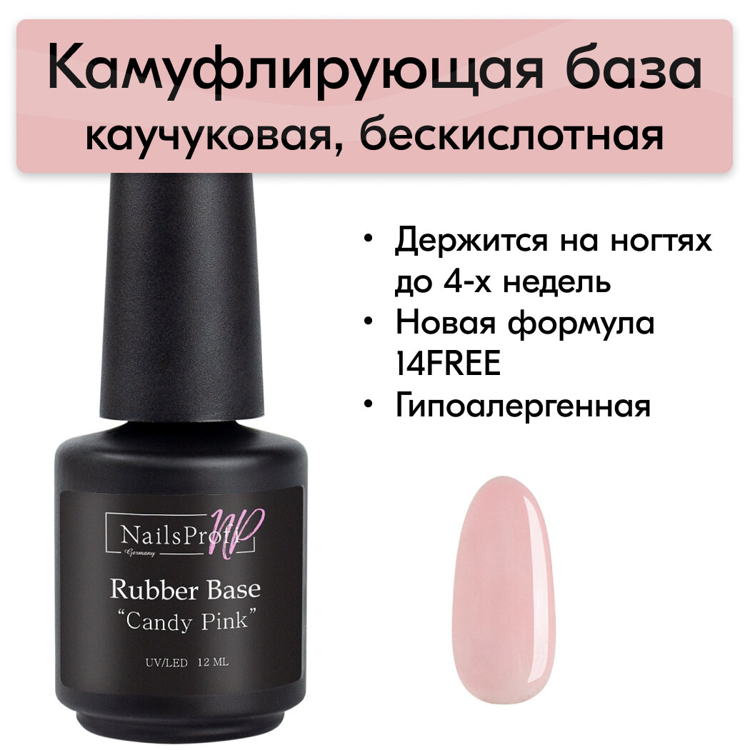 Камуфлирующая каучуковая база для ногтей, бескислотная, базовое покрытие, NailsProfi Rubber Base "Candy Pink", 12 мл