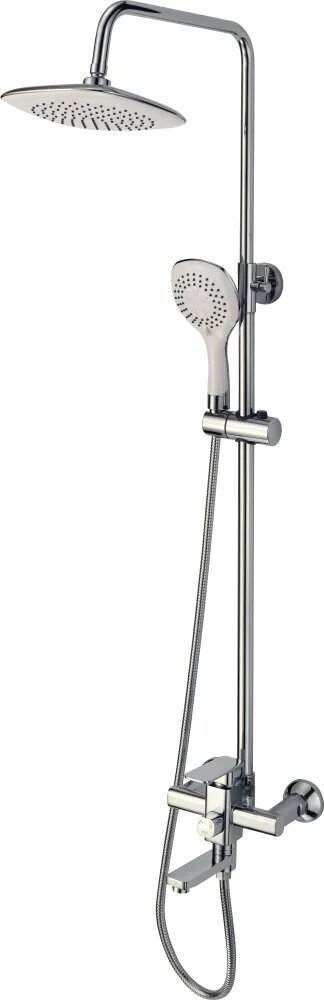 Душевая стойка Fmark FM2402 со смесителем, хром, матовая, душевая система с тропическим душем, с изливом, с лейкой, латунная