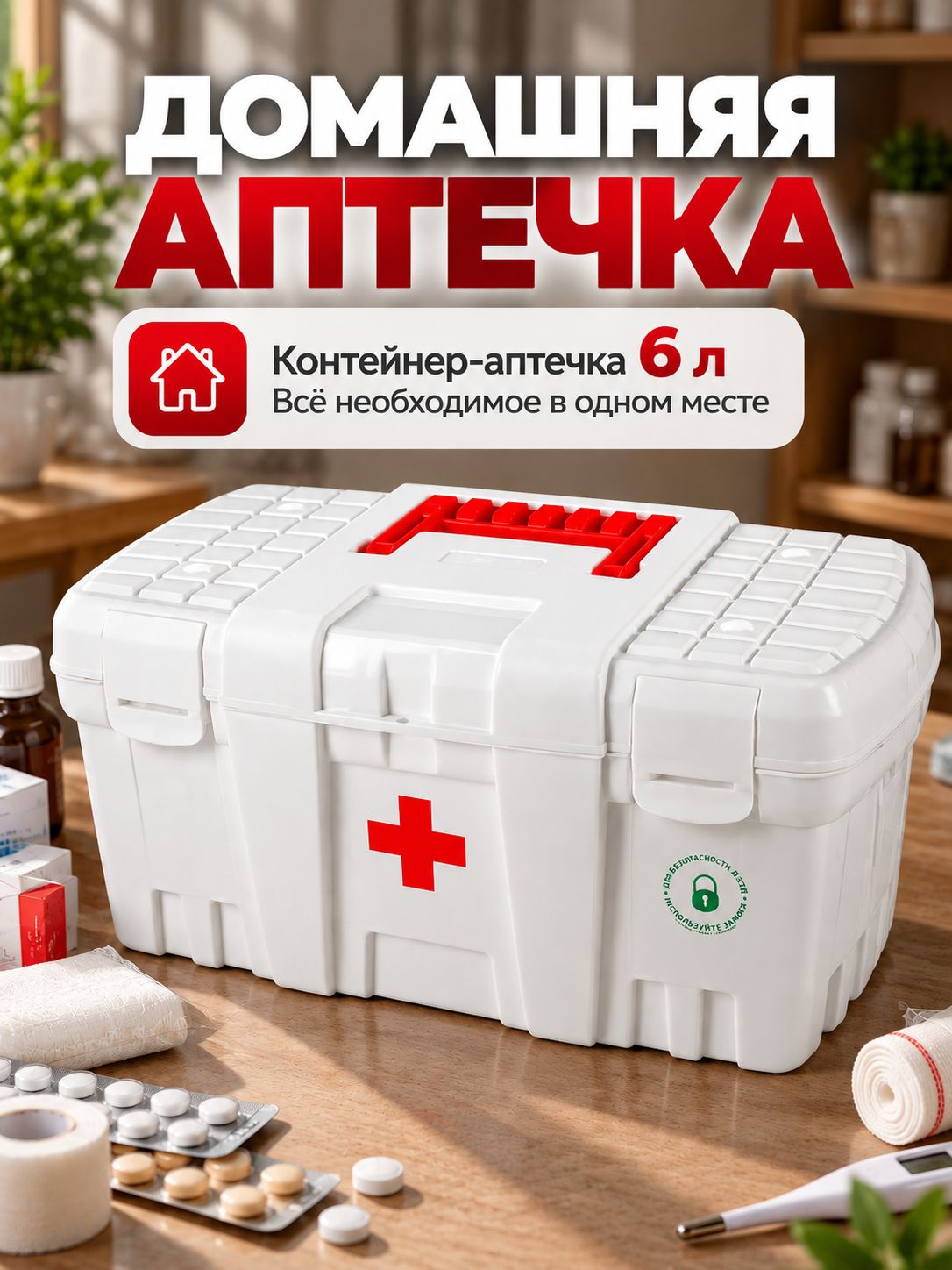 Контейнер-аптечка с защелками и ручкой, пластиковый, 6 л, 38х21х19,5 см