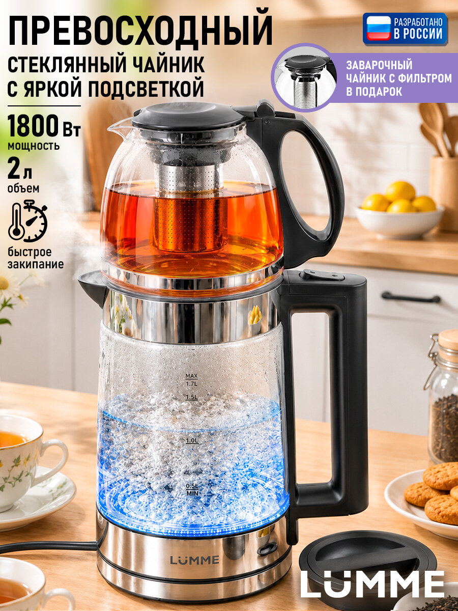 Чайник электрический LUMME LU-KT4147A, стеклянный, 1800W, объем 2л, черный