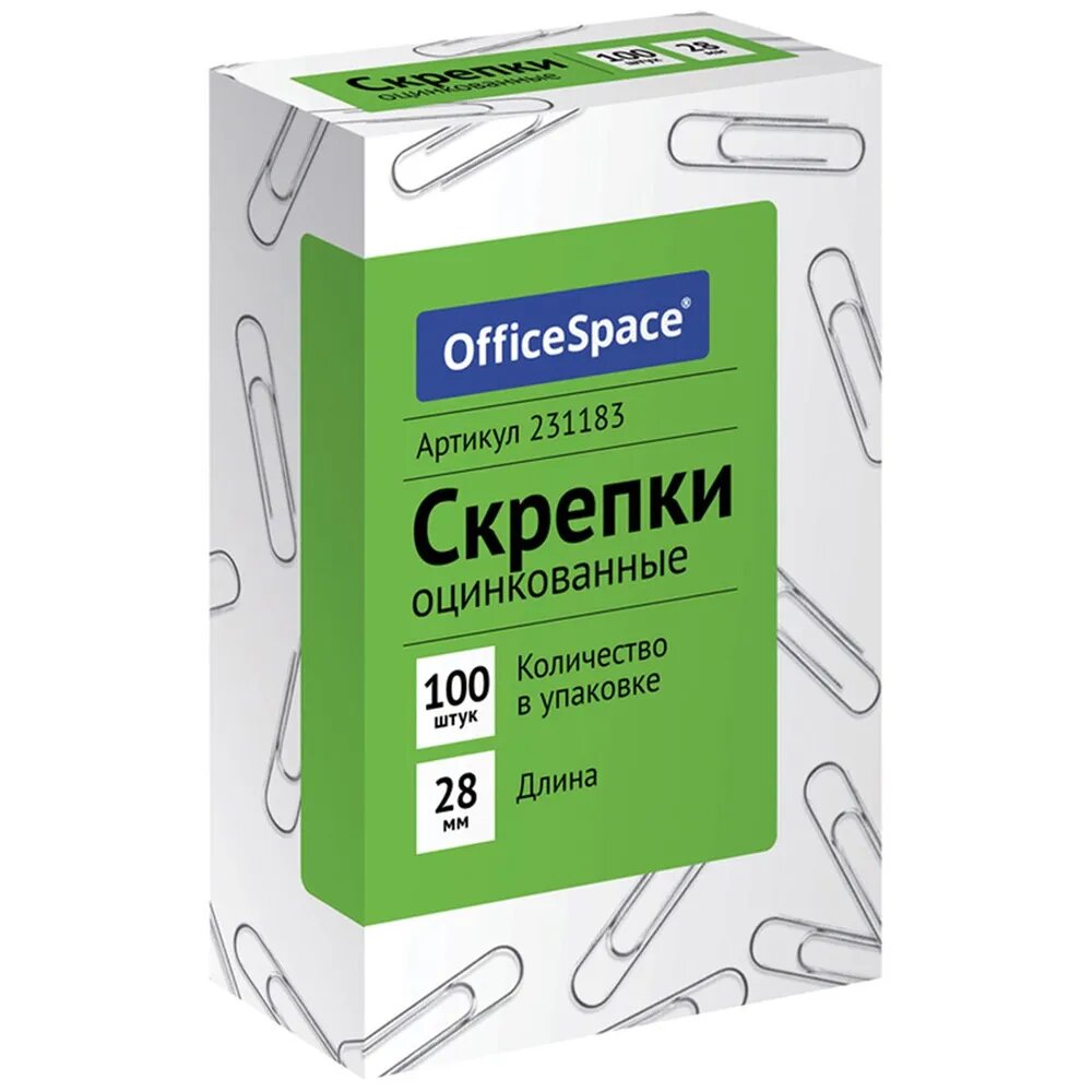 Скрепки OfficeSpace (28мм, овальные, оцинкованные) 100шт. (231183), 10 уп.