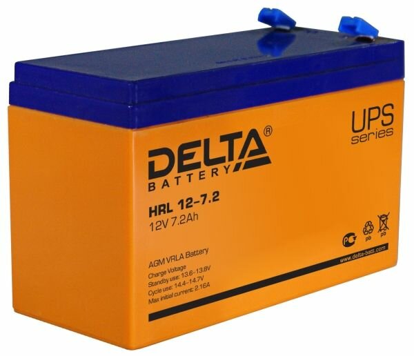 Аккумуляторная батарея Delta HR 12-7.2, напряжение12В, емкость 7,2Ач, клемма F2 (ДхШхВ: 151х65х94мм Полная высота 100мм; Вес 2,5кг; Кол-во элементов 6