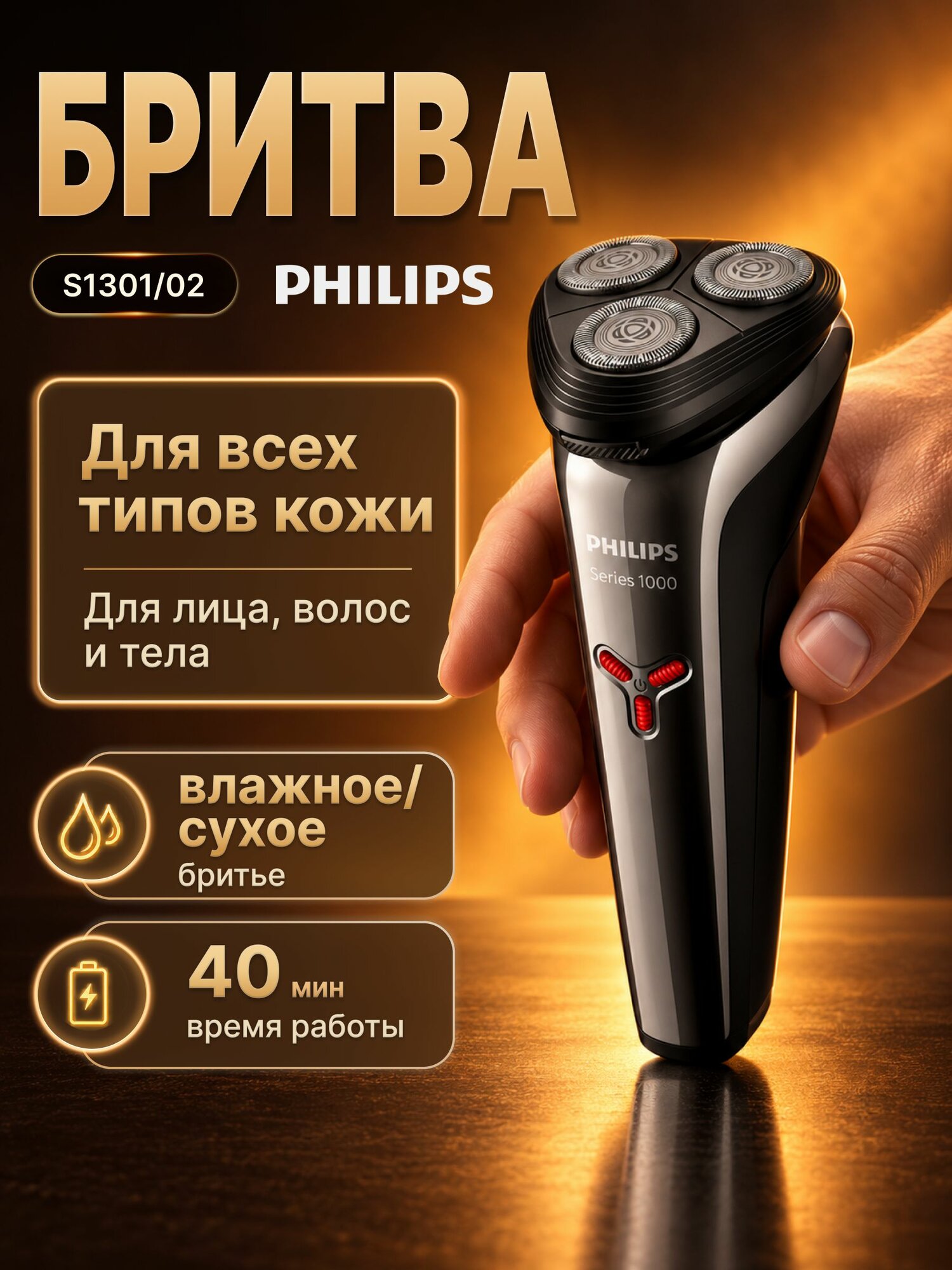 Бритва роторная Philips S1301/02 Black