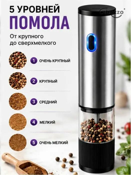 Электрическая мельница для специй, автоматическая, с керамическим жерновом, 5 уровней помола, Type-C зарядка, для перца, соли, кофе, нержавеющая сталь