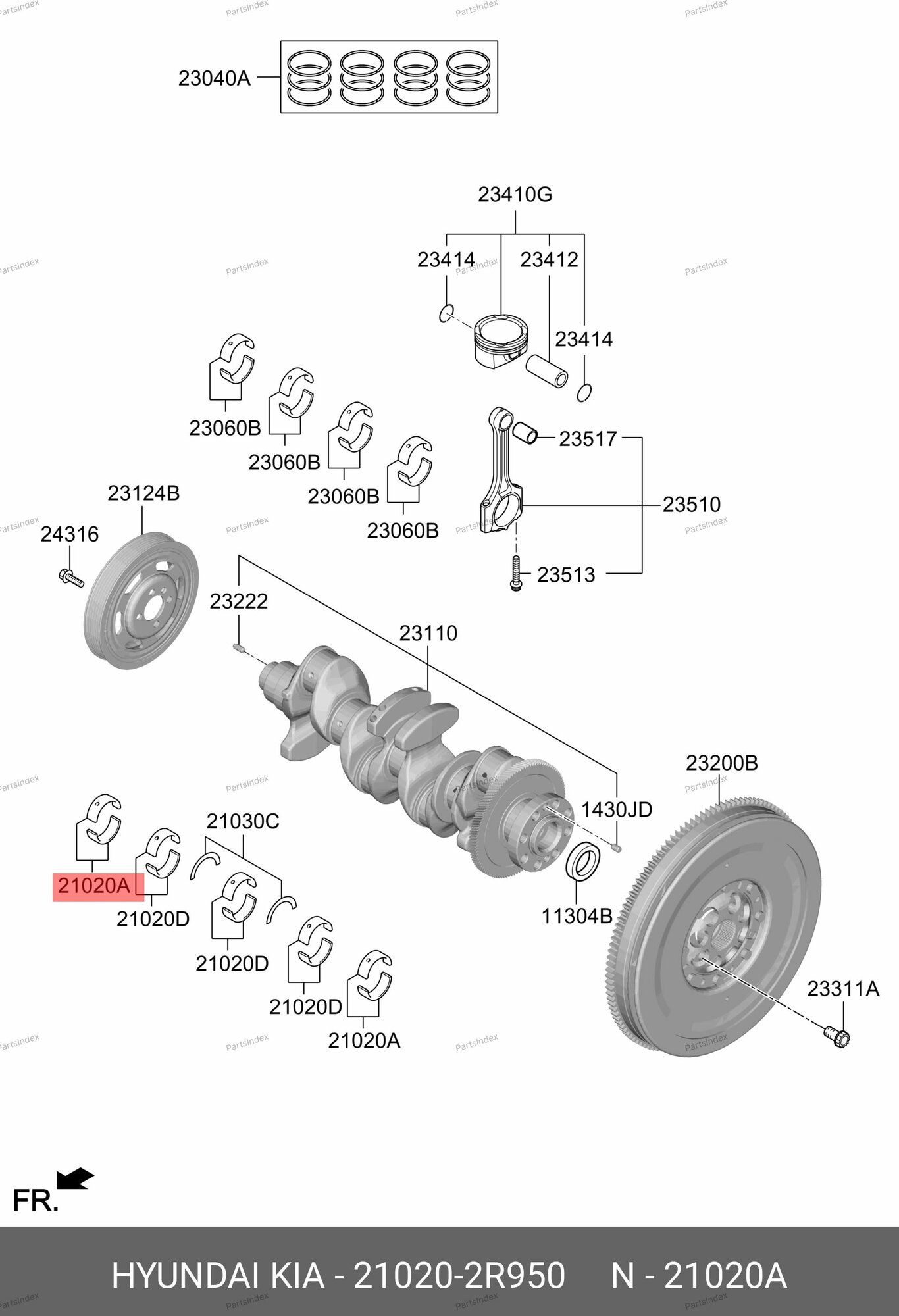 Комплект подшипников скольжения коленвала (4шт.), HYUNDAI/KIA/MOBIS 210202R950