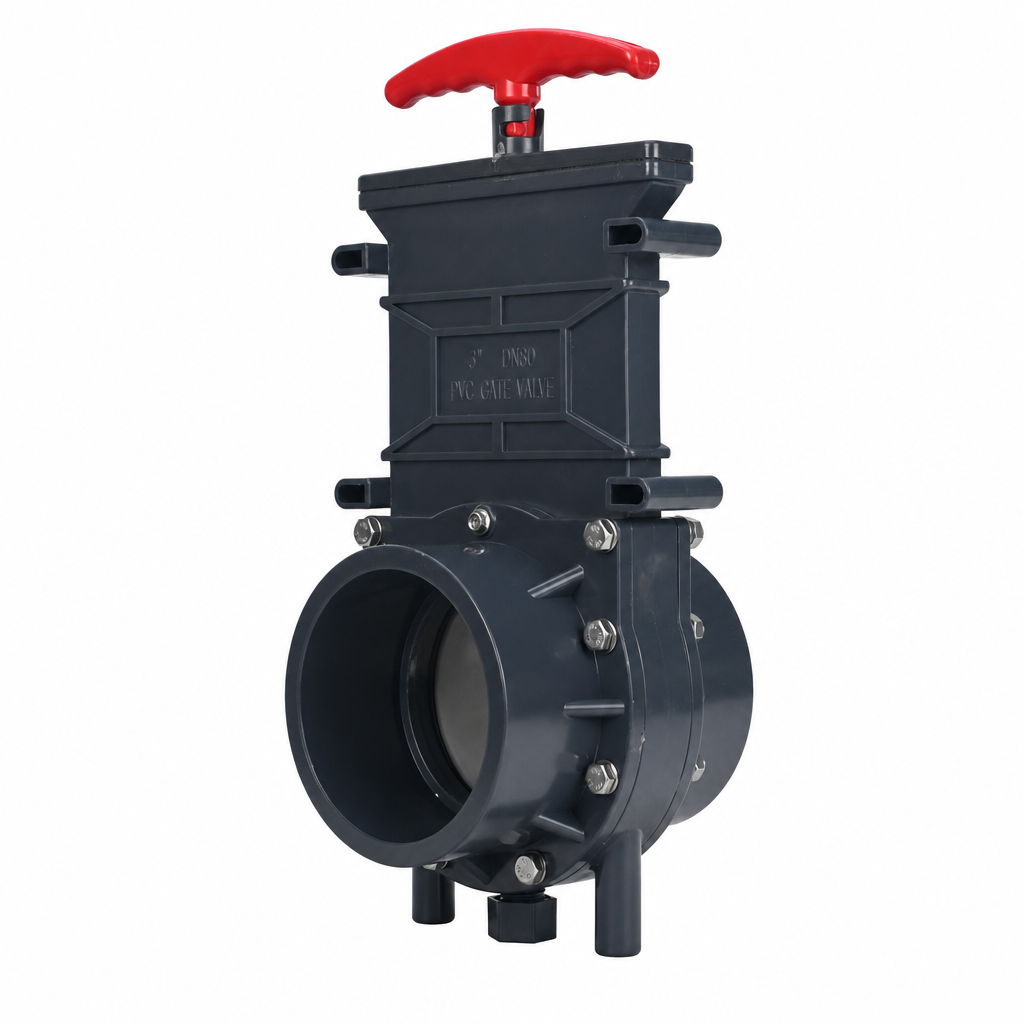 Задвижка шиберная DN.ru PVC-ABS/304-TPV-2W-G-Hт Ду65 Ру1.6 клеевая, с выдвижным штоком, материал корпуса - ПВХ (PVC), шибер - пластик ABS, уплотнение - TPV (ТПВ), с ручкой