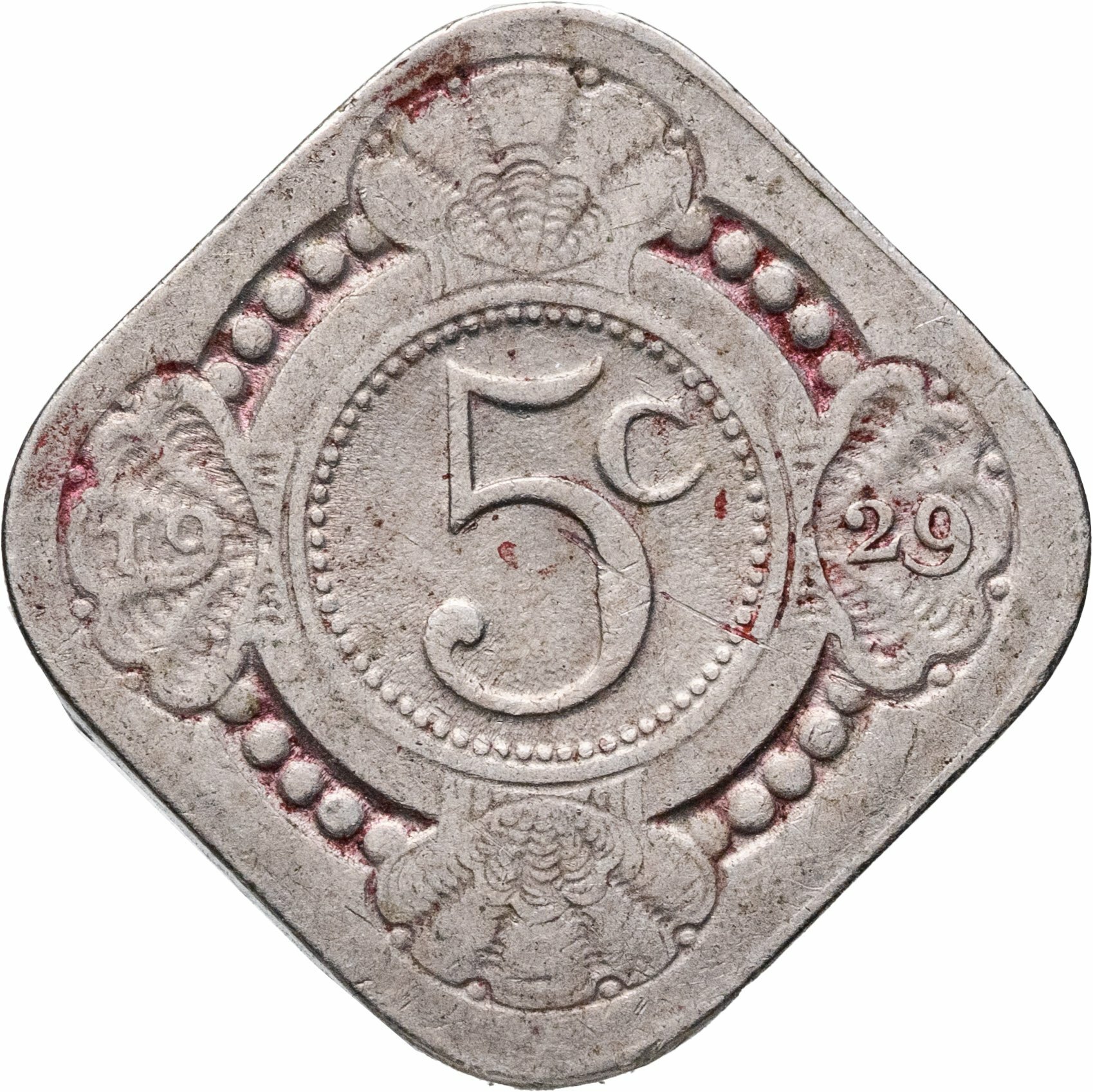 Нидерланды 5 центов cents 1929, Мельхиор медь-никель, в сохранности VF-XF