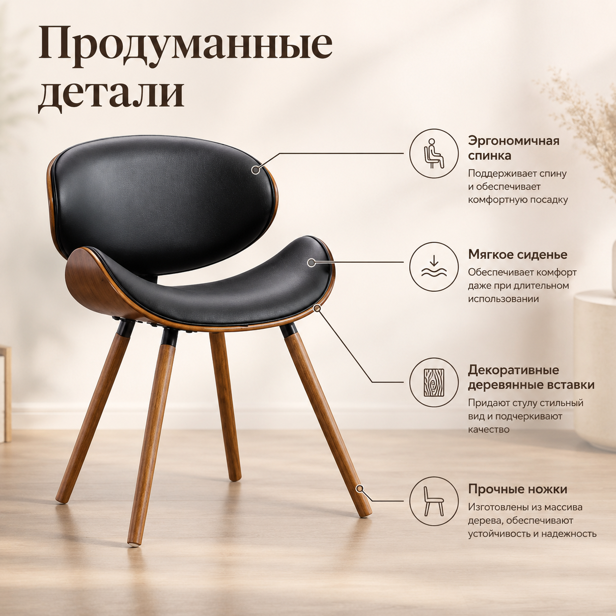Обеденный стул с изогнутой фанерой, черная экокожа, деревянные ножки, 1 шт. — фото 1