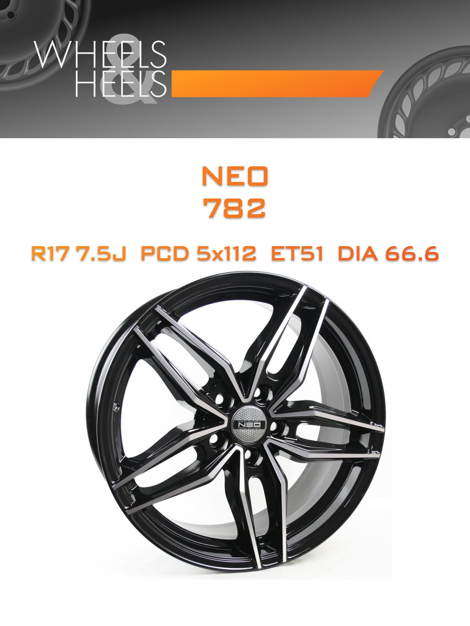 Диск автомобильный литой NEO 782 17x7.5 5x112 et51 dia66.6 Чёрный с полированной лицевой частью