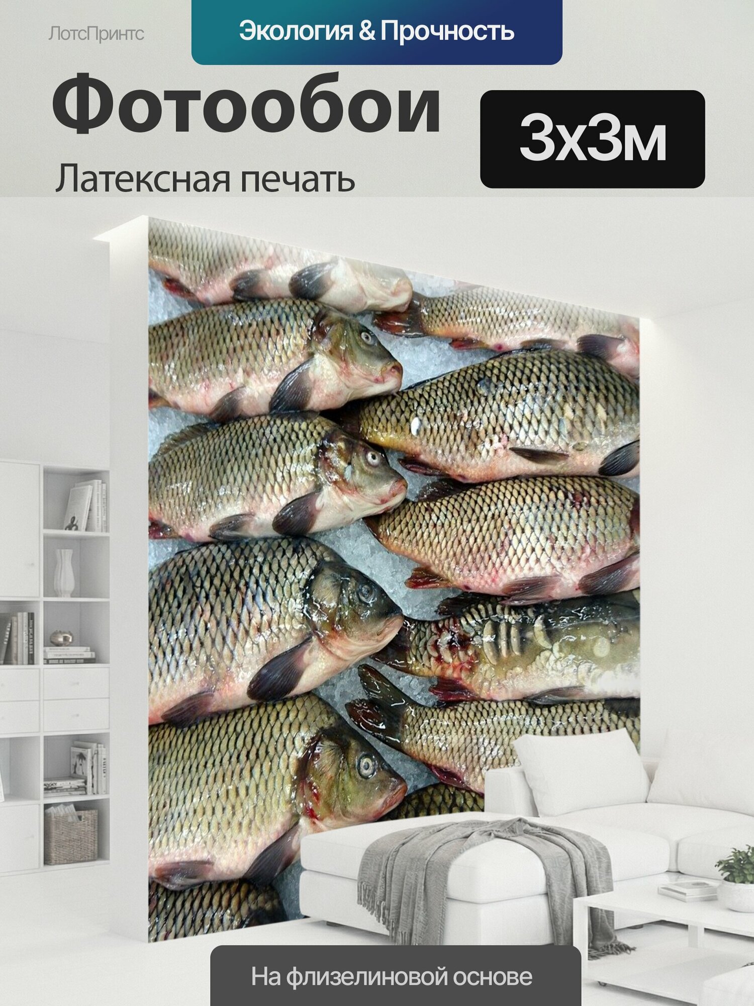 Фотообои моющиеся ударопрочные "Свежая рыба, караси, природа" 300x300 см. латексная печать