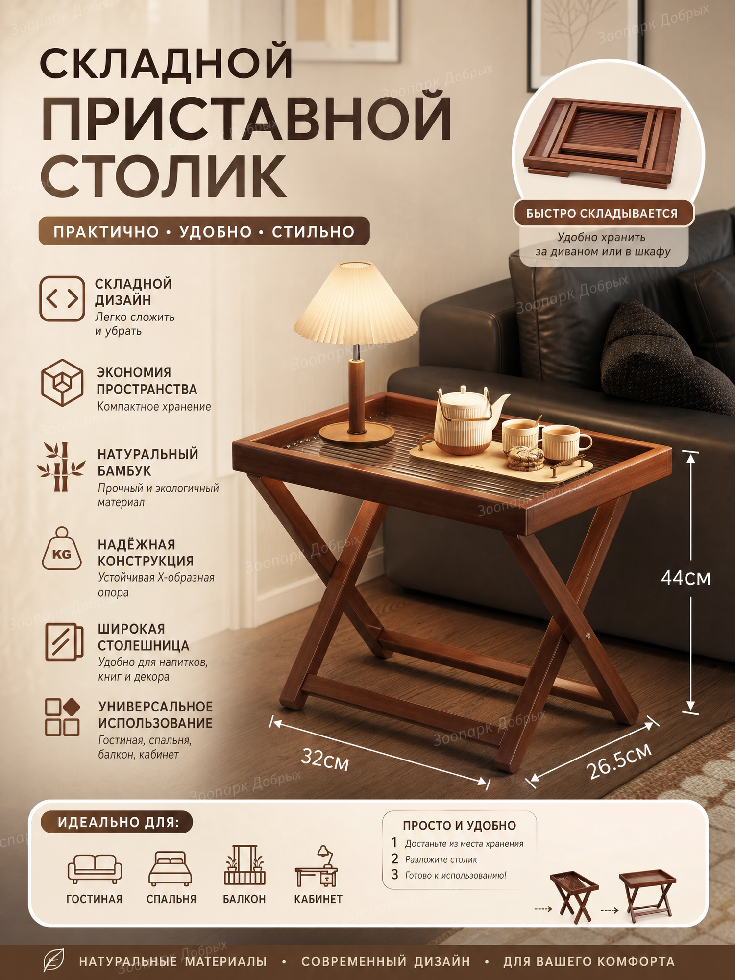 Складной журнальный столик 40x30x44 см — лёгкий столик с полупрозрачной столешницей для гостиной и спальни в доме