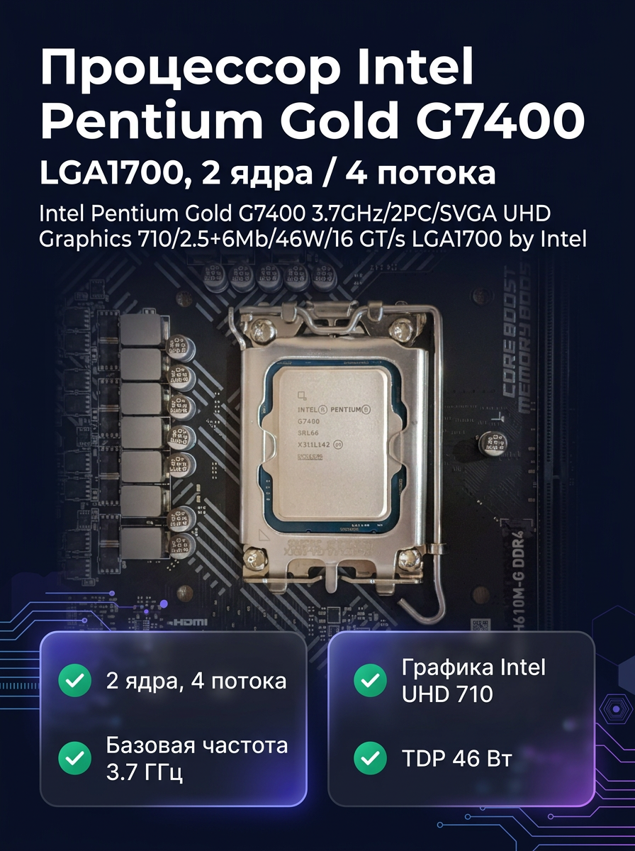 Процессор Intel Pentium Gold G7400, LGA1700, 2 ядра/4 потока, 3.7 ГГц, UHD Graphics 710