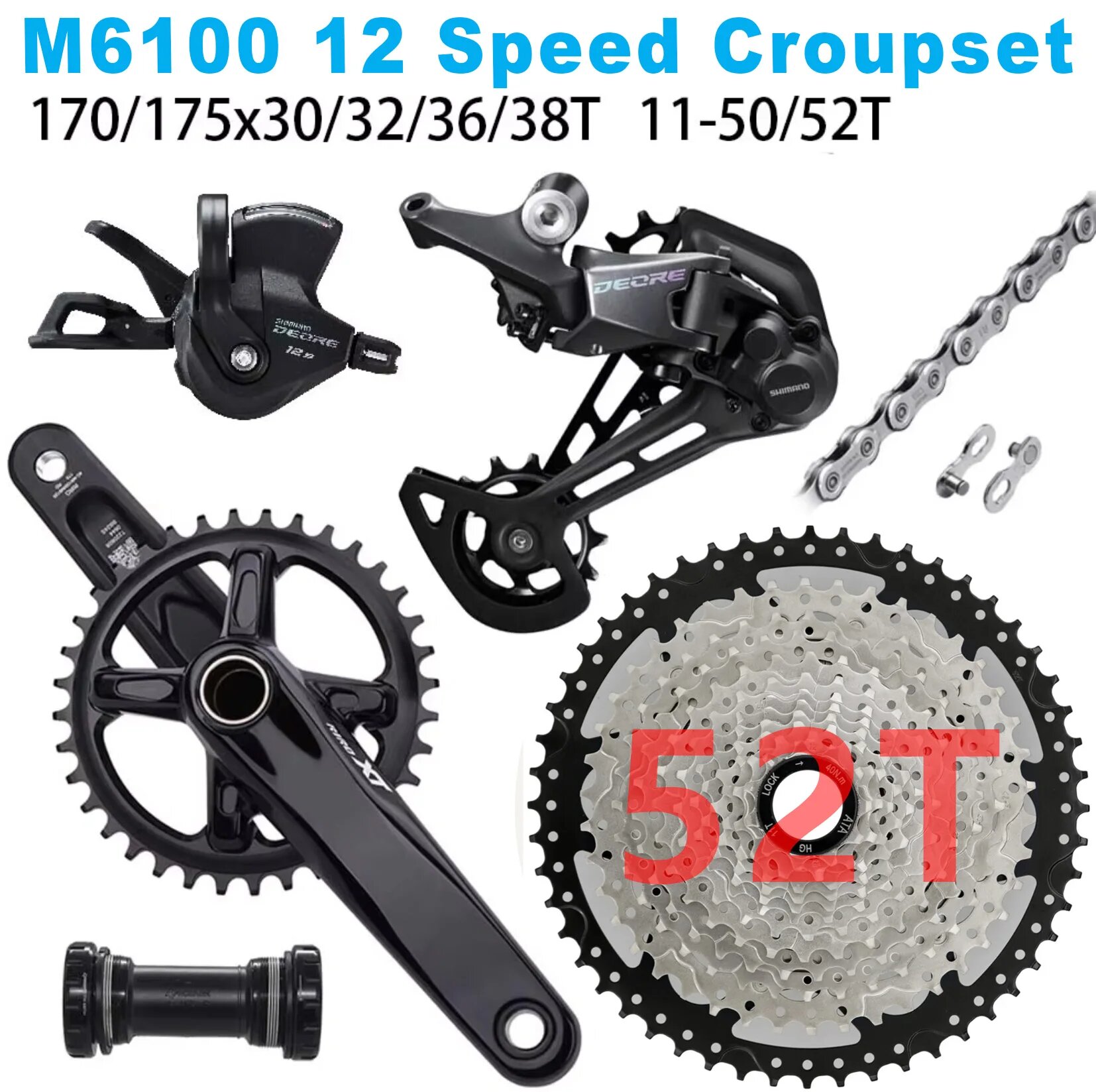 SHIMANO DEORE M6100 12-скоростной механизм переключения передач BB92, 38T, 175mm, 11-52T Cassette