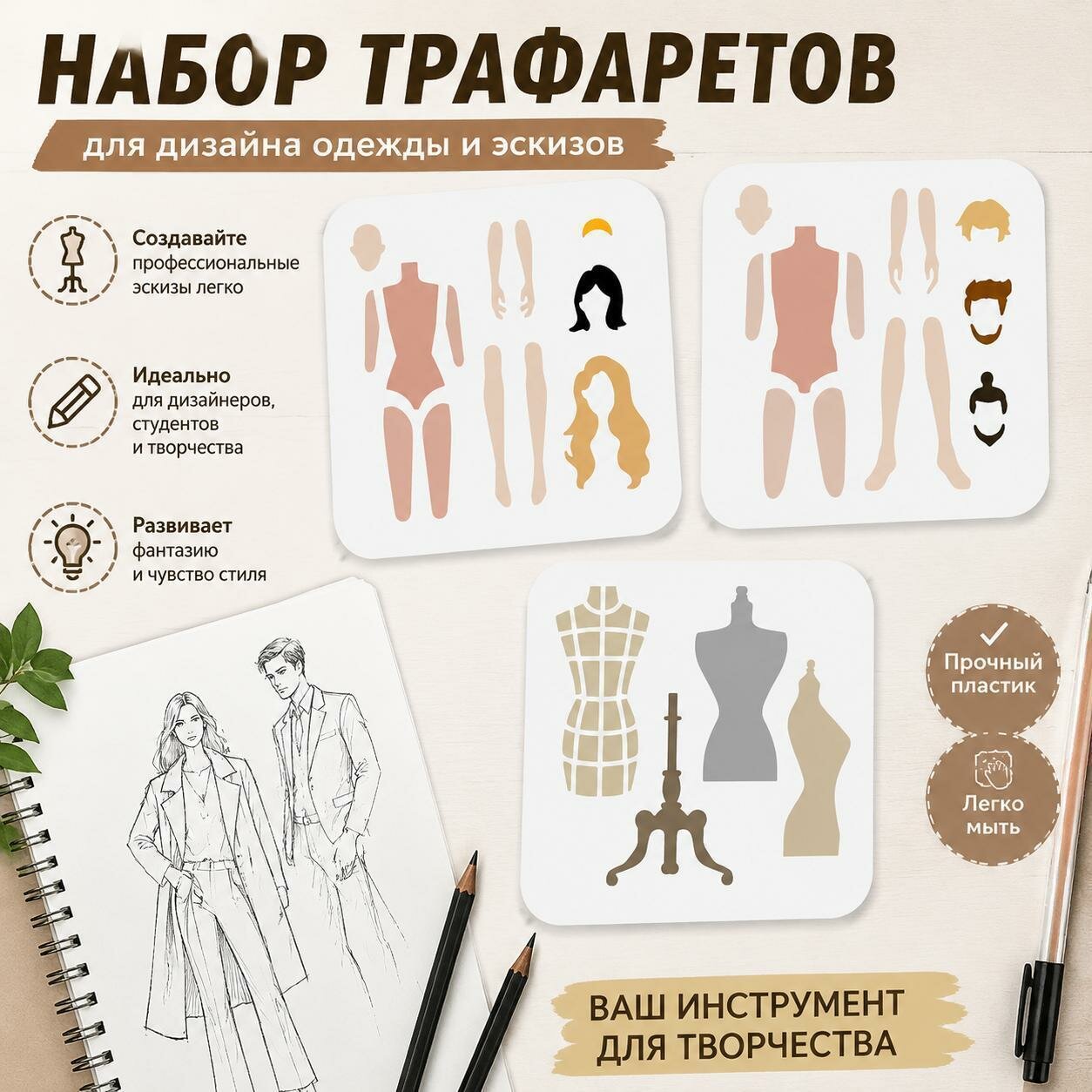 Набор трафаретов для дизайна одежды и выкроек (манекены женские и мужские, прически, стойки), для fashion-эскизов и рисования, 3 шт.
