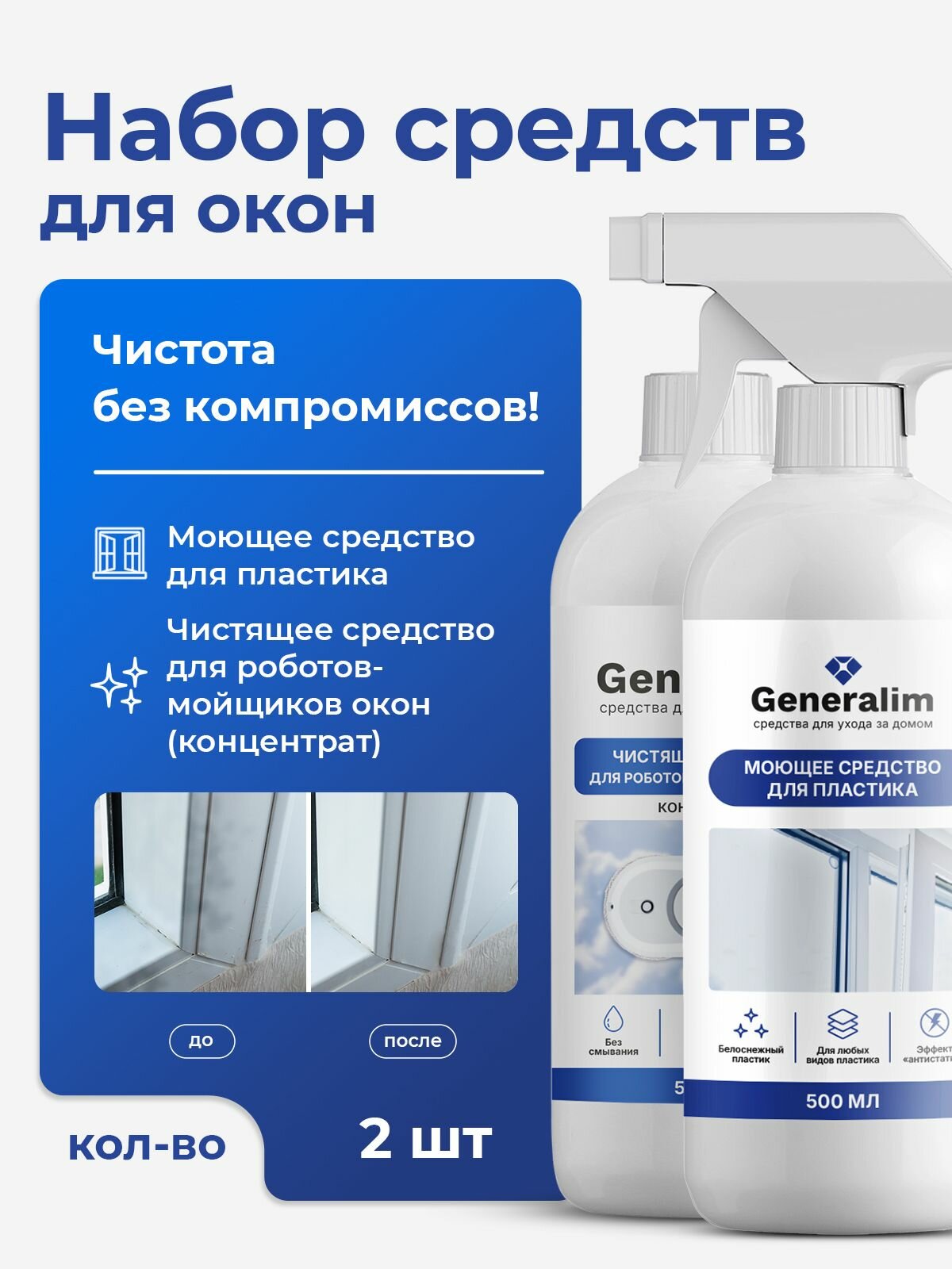 Моющее средство для пластиковой мебели, окон, подоконников, откосов и средство для робота мойщика окон, зеркал и стекол, 2 шт.