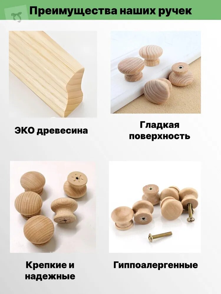 Ручка мебельная круглая деревянная, 4 шт, диаметр 35 мм, крепеж в комплекте — фото 1