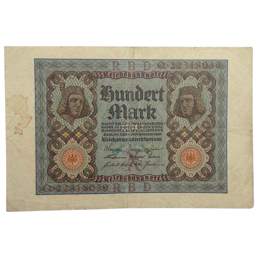 Веймарская республика (Германия) 100 марок 1920 г. (Литера X) (Серия Q) (8-значный номер) (Лот №2)