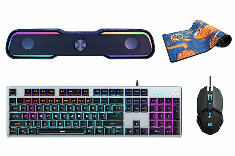 Игровой комплект унисекс HP HUIPU K500F [Ultra-Godlike Four-Piece Set]Black Keyboard+Mouse+Wired Glow Speaker+Extra Large Mouse Pad