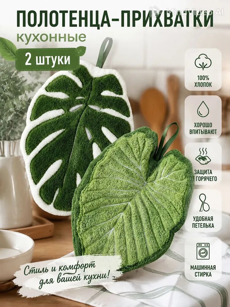 Полотенце кухонное 25x25 2 шт шенилловая фактура корал-флис зеленый, белый