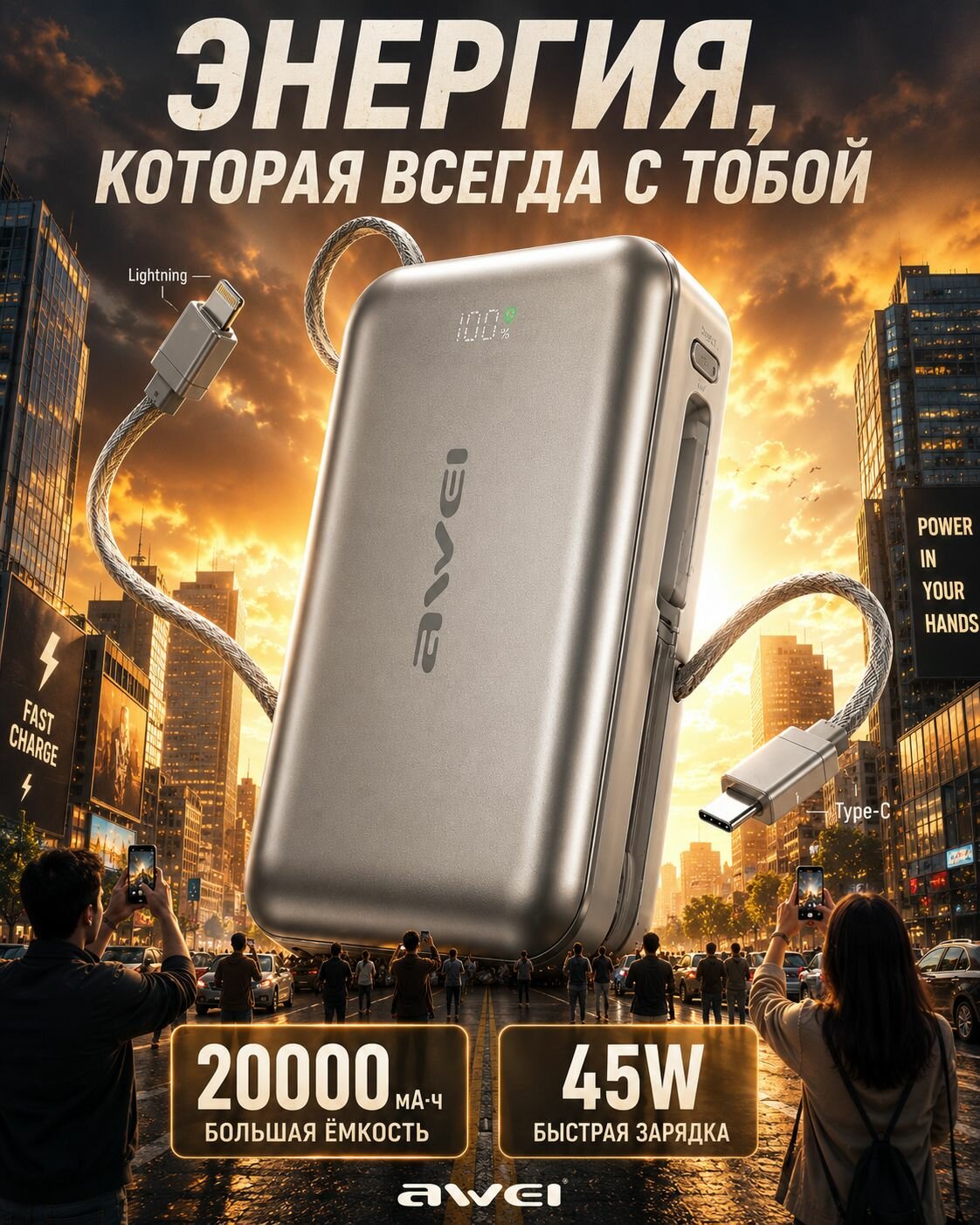 Awei Внешний аккумулятор с быстро зарядкой Power bank Повербанк C03, 20000 мАч, белый