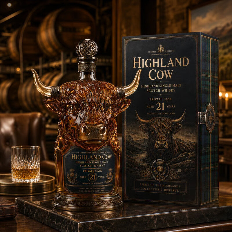 Коллекционная фигурная бутылка виски Highland Cow 21 лет, декоративный сосуд для коллекционирования с подарочной коробкой,340,19,1, стекло, для алкогольных напитков, крышка-стакан,