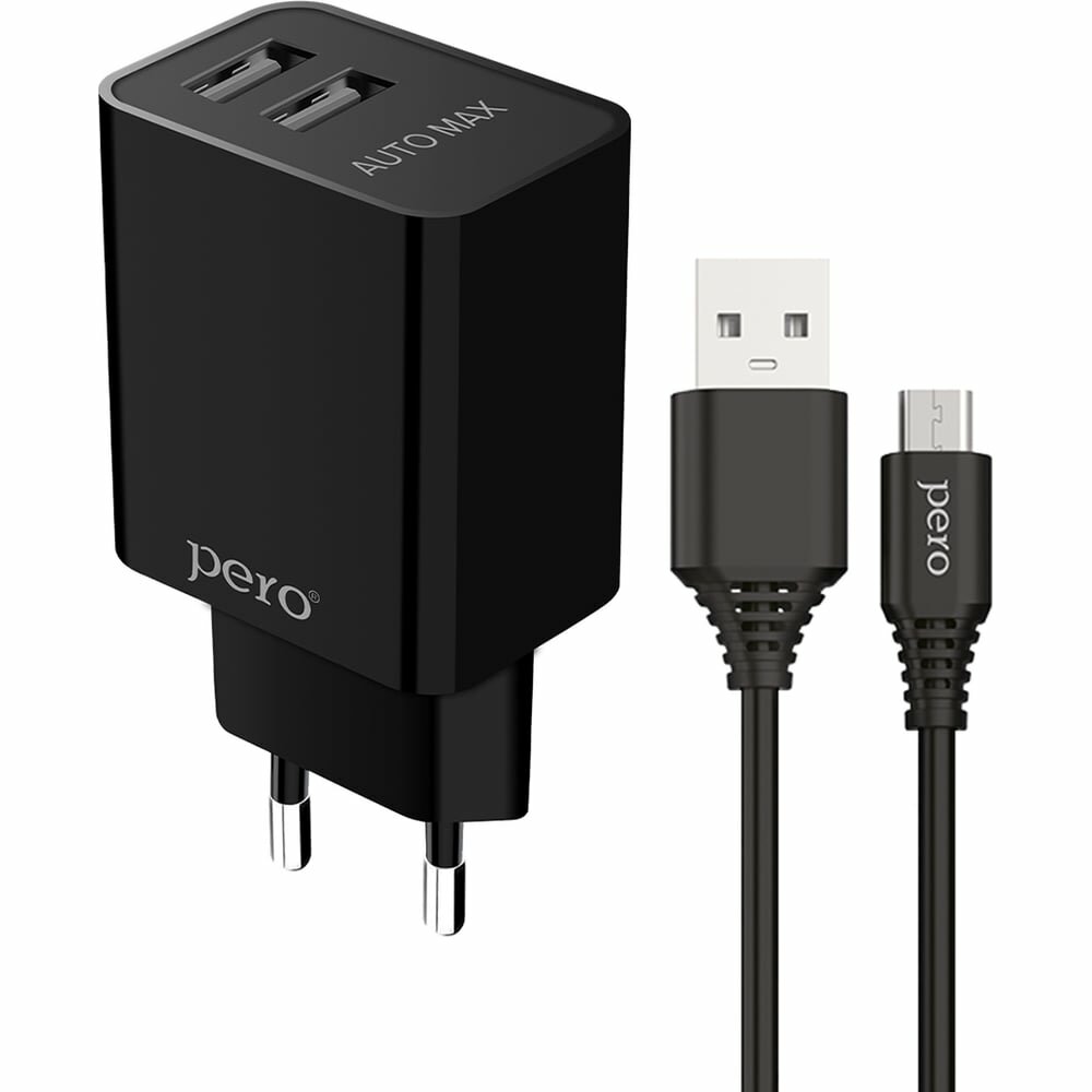 Сетевое зарядное устройство PERO TC02 2USB 2.1A c кабелем Micro USB в комплекте, черный ТС02BL2AM