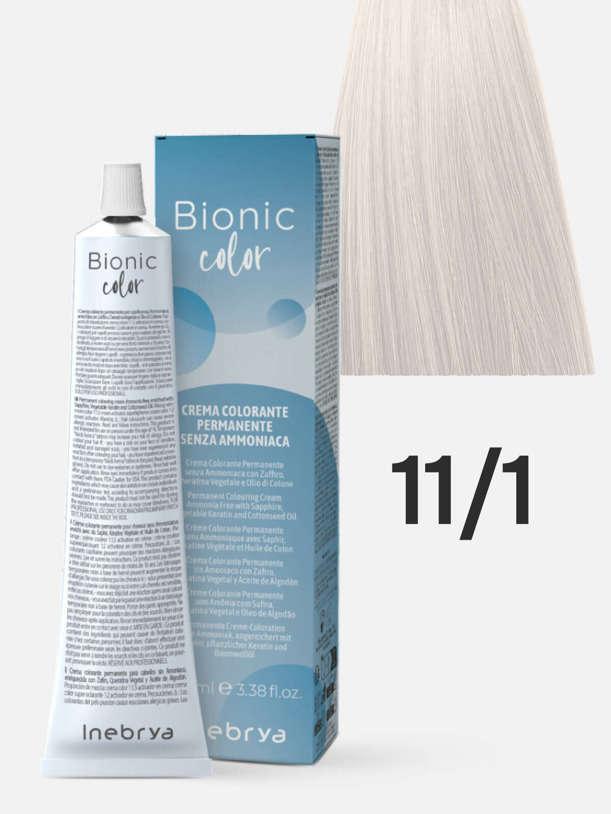 Крем - краска для осветления волос профессиональная без аммиака Inebrya Bionic Color 11/1 Суперосветляющий блонд Пепельный, 100 мл