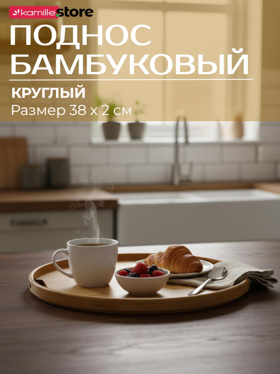 Поднос круглый 38х2 см. бамбуковый с бортиком и ручками (светло-коричневый)