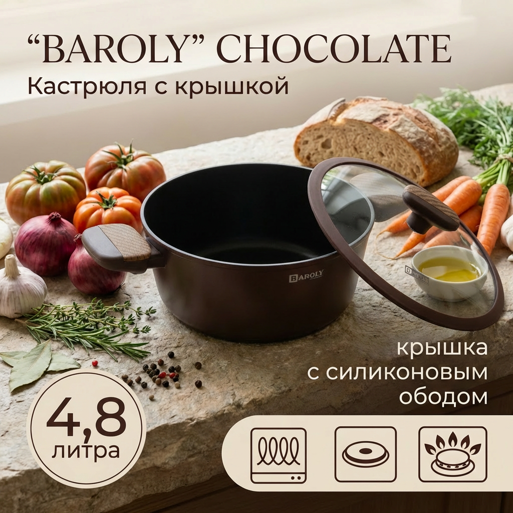 Кастрюля "BAROLY" CHOCOLATE 4.8л, алюминий, стеклянная крышка, для индукции